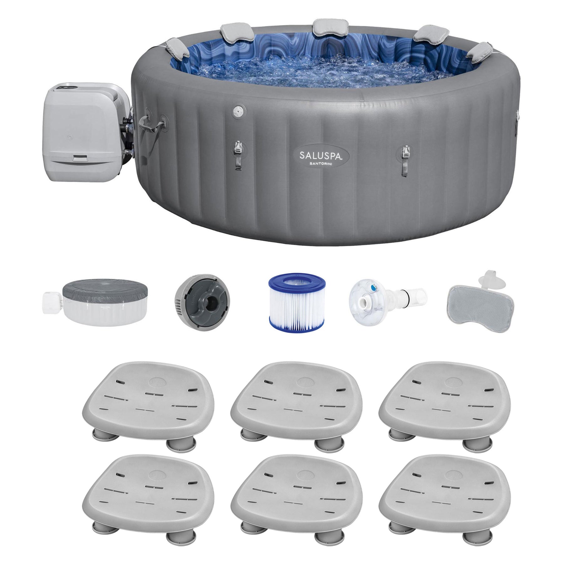 Bestway SaluSpa Santorini HydroJet Hot Tub w/Set of 6 SaluSpa Pool and Spa Seat | VMInnovations